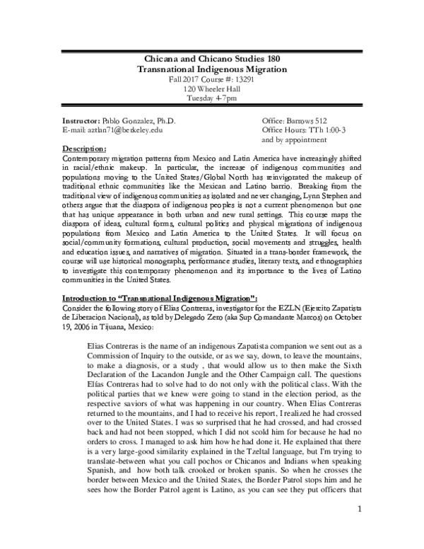 (PDF) Chicana and Chicano Studies 180: Transnational Indigenous Migration