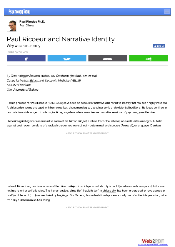 (PDF) Paul Ricoeur and Narrative Identity