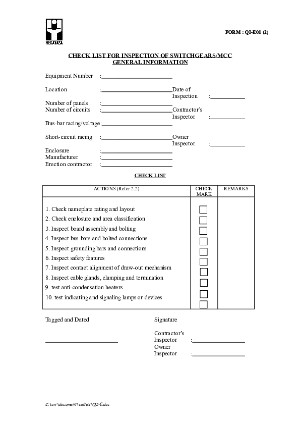 (DOC) CHECK LIST FOR INSPECTION OF SWITCHGEARS/MCC GENERAL INFORMATION