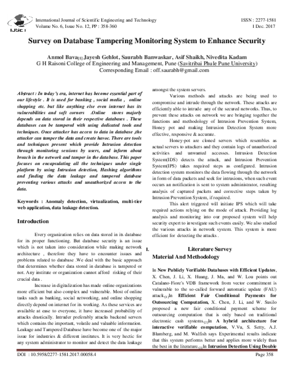 (PDF) Survey on Database Tampering Monitoring System to Enhance Security