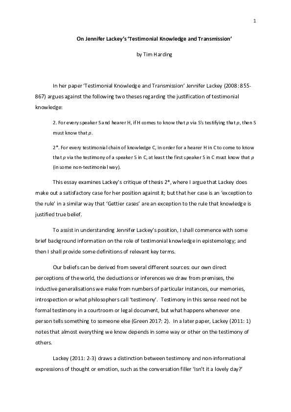 (PDF) On Jennifer Lackey's 'Testimonial Knowledge and Transmission'