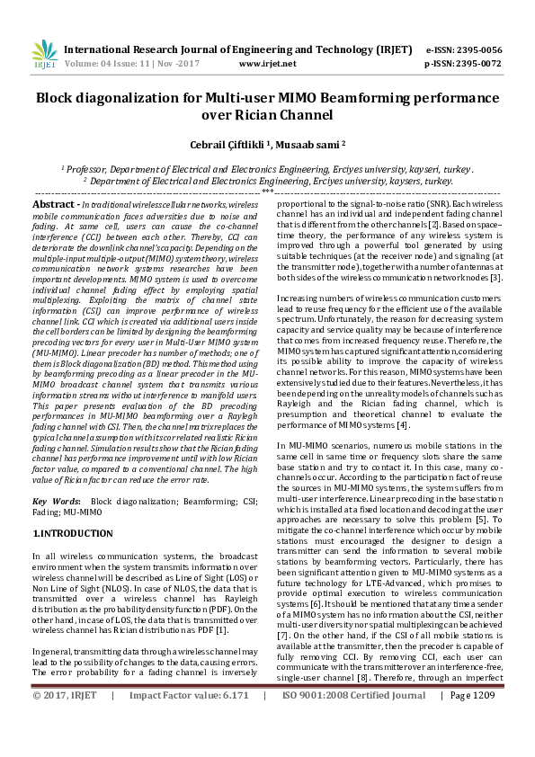 (PDF) Block diagonalization for Multi-user MIMO Beamforming performance over Rician Channel