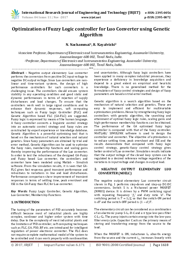 Pdf Optimization Of Fuzzy Logic Controller For Luo Converter Using Genetic Algorithm
