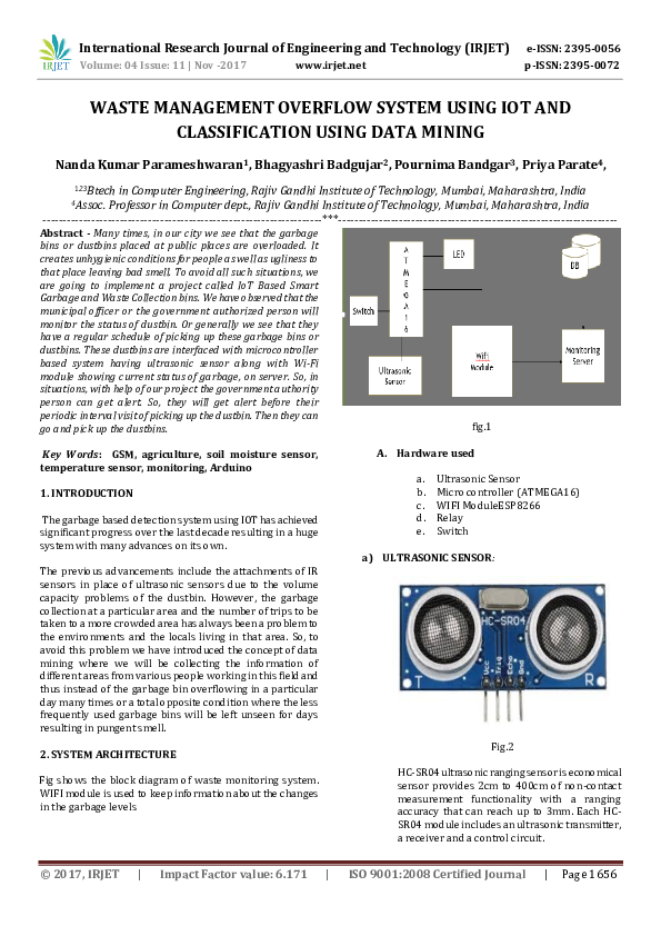 (PDF) WASTE MANAGEMENT OVERFLOW SYSTEM USING IOT AND CLASSIFICATION USING DATA MINING