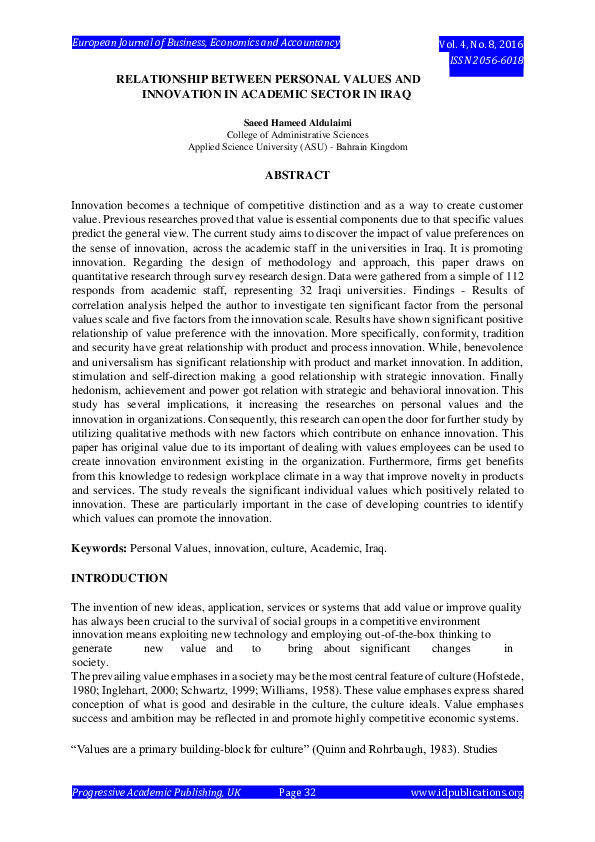 (PDF) RELATIONSHIP BETWEEN PERSONAL VALUES AND INNOVATION IN ACADEMIC SECTOR IN IRAQ