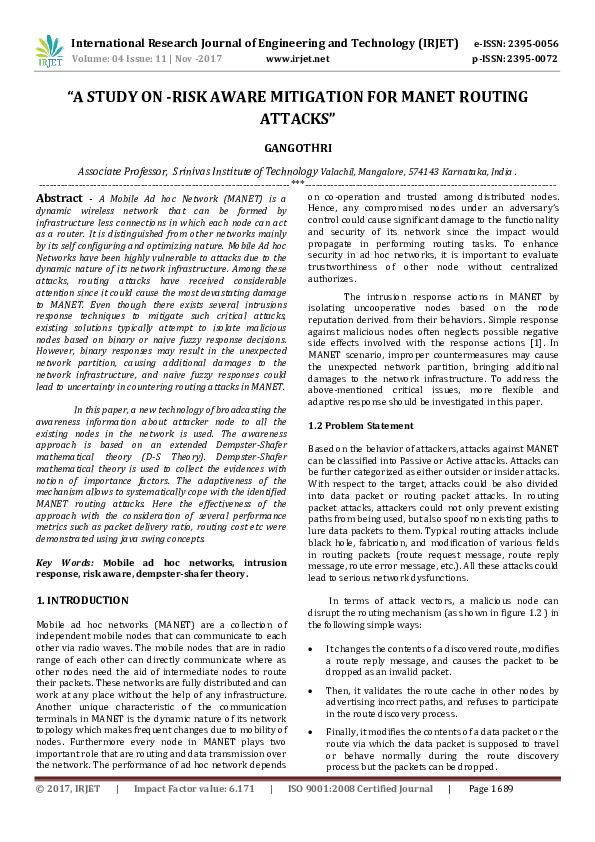 (PDF) " A STUDY ON -RISK AWARE MITIGATION FOR MANET ROUTING ATTACKS " GANGOTHRI