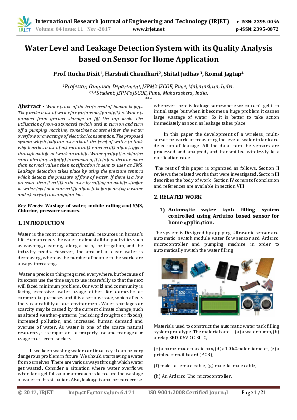 (PDF) Water Level and Leakage Detection System with its Quality Analysis based on Sensor for ...