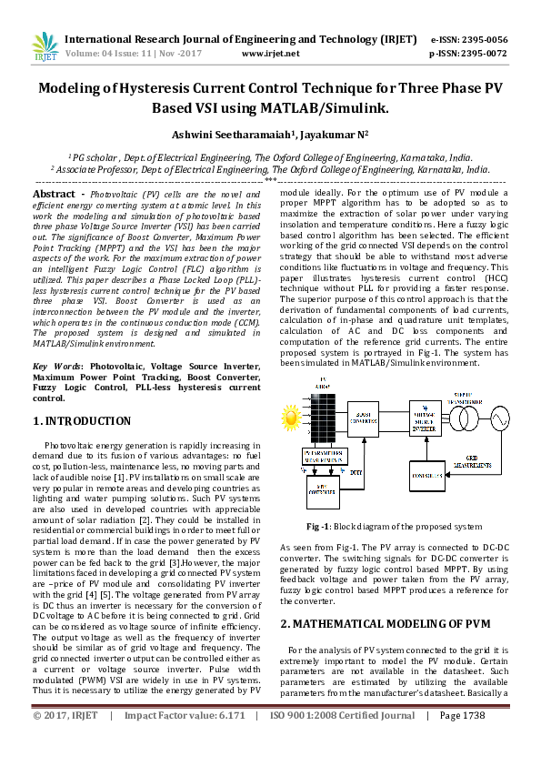 Pdf Modeling Of Hysteresis Current Control Technique For Three Phase Pv Based Vsi Using Matlab