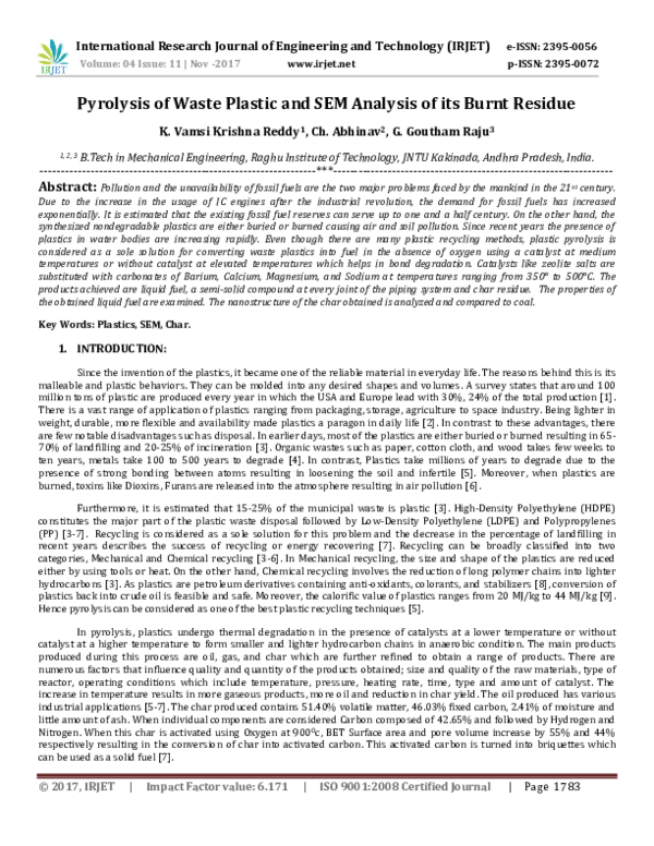(PDF) Pyrolysis of Waste Plastic and SEM Analysis of its Burnt Residue