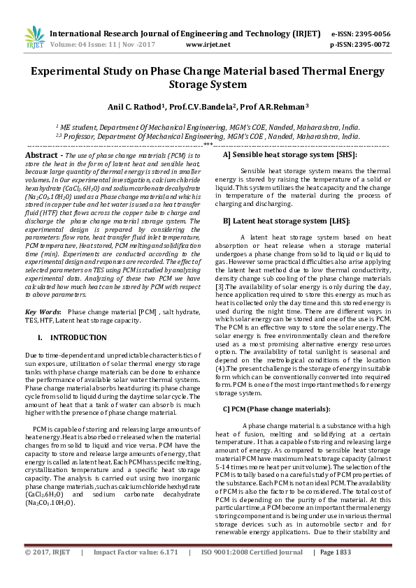 (PDF) Experimental Study on Phase Change Material based Thermal Energy ...