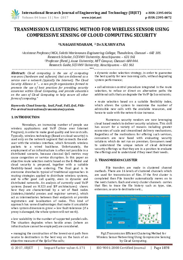 Pdf Transmission Clustering Method For Wireless Sensor Using Compressive Sensing Of Cloud