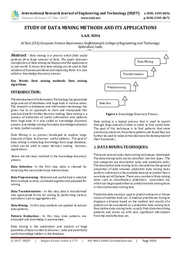 (PDF) STUDY OF DATA MINING METHODS AND ITS APPLICATIONS