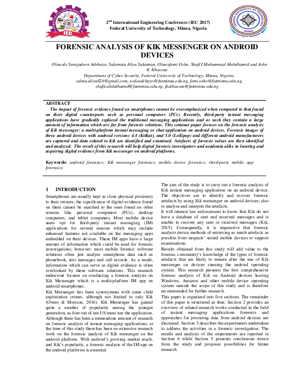 (PDF) FORENSIC ANALYSIS OF KIK MESSENGER ON ANDROID DEVICES