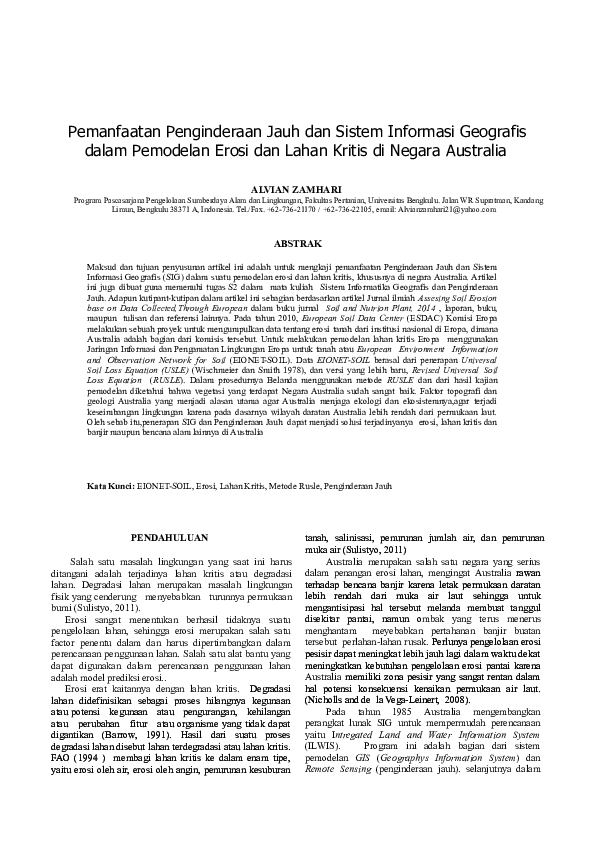 (DOC) Pemanfaatan Penginderaan Jauh dan Sistem Informasi Geografis dalam Pemodelan Erosi dan ...