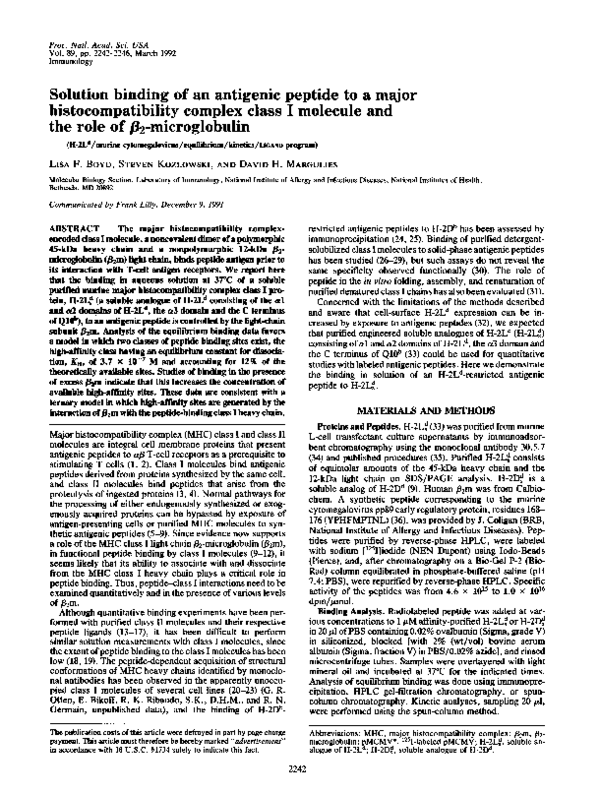 (PDF) Solution binding of an antigenic peptide to a major histocompatibility complex class I ...