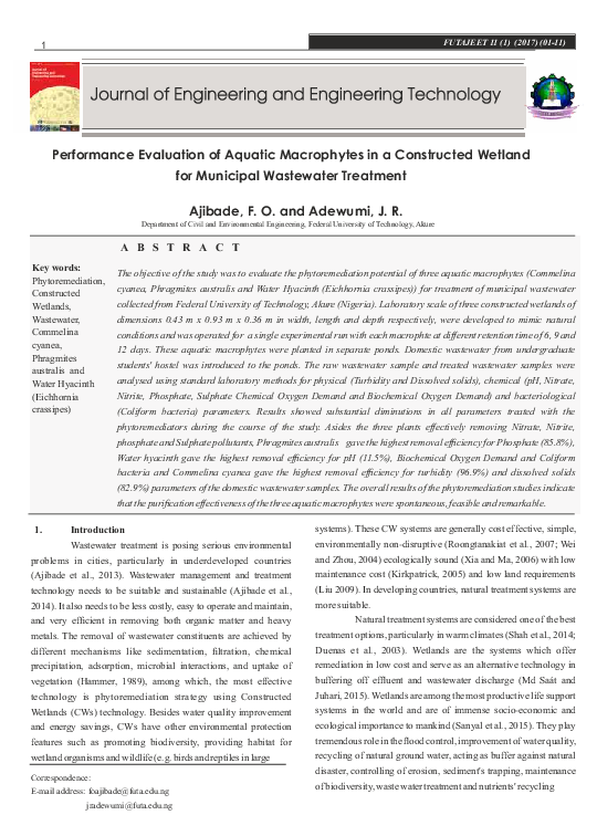 Pdf Performance Evaluation Of Aquatic Macrophytes In A Constructed Wetland For Municipal