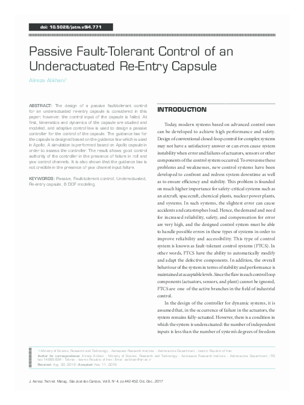 Pdf Passive Fault Tolerant Control Of An Underactuated Re Entry Capsule