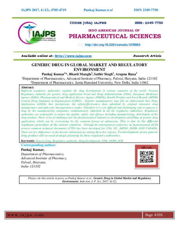 (PDF) GENERIC DRUG IN GLOBAL MARKET AND REGULATORY ENVIRONMENT