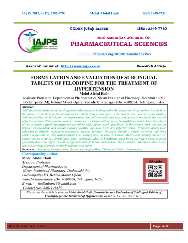 Pdf Formulation And Evaluation Of Sublingual Tablets Of Felodipine For The Treatment Of