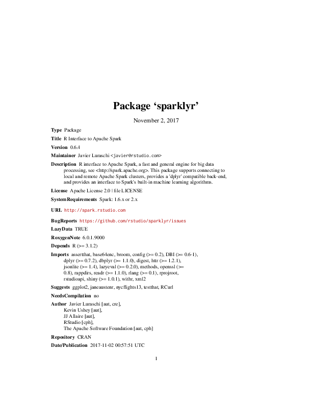 (PDF) Package 'sparklyr' Title R Interface to Apache Spark