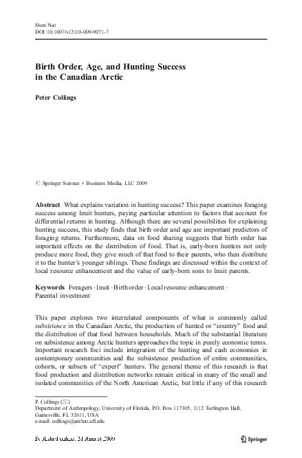 (PDF) Birth Order, Age, and Hunting Success in the Canadian Arctic ...