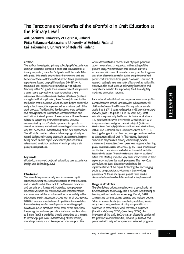 (PDF) The Functions and Benefits of the ePortfolio in Craft Education at the Primary Level