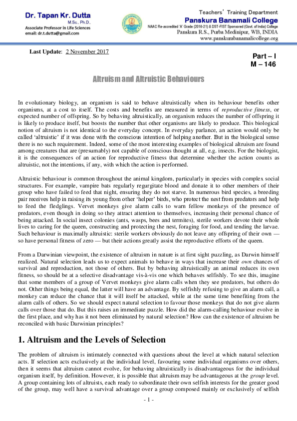(PDF) Altruism and Altruistic Behaviours