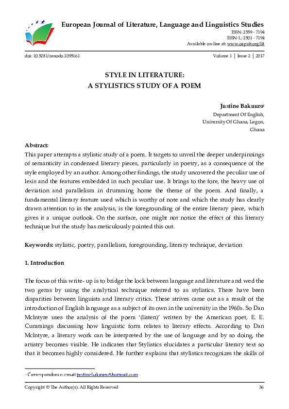 (PDF) STYLE IN LITERATURE: A STYLISTICS STUDY OF A POEM