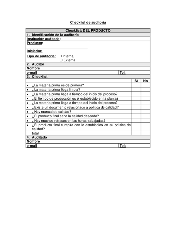 (DOC) Checklist de auditoría Checklist: DEL PRODUCTO