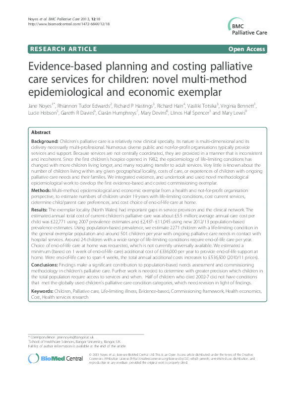 (PDF) Evidence-based planning and costing palliative care services for children: novel multi ...