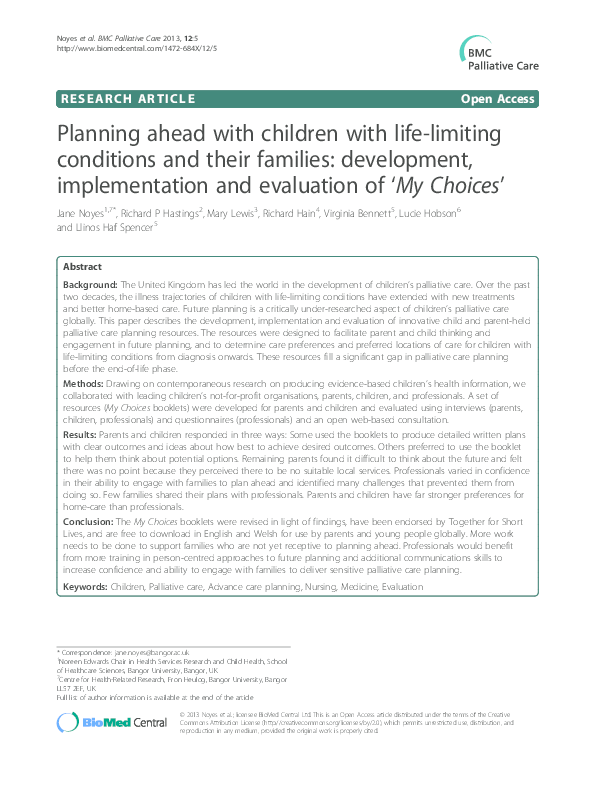 (PDF) Planning ahead with children with life-limiting conditions and ...