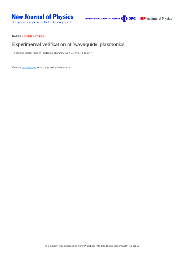 (PDF) Experimental verification of 'waveguide' plasmonics (PDF) Experimental verification of 'waveguide' plasmonics