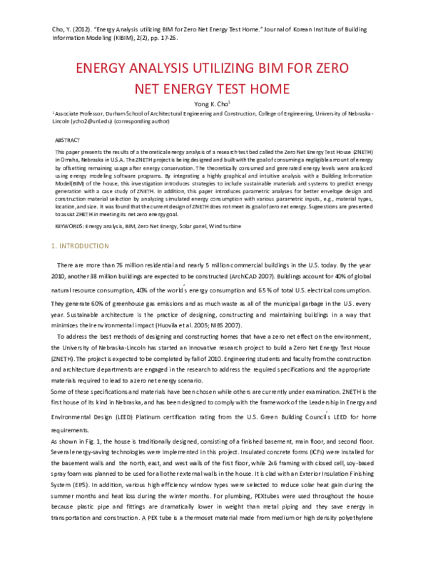 (PDF) ENERGY ANALYSIS UTILIZING BIM FOR ZERO NET ENERGY TEST HOME