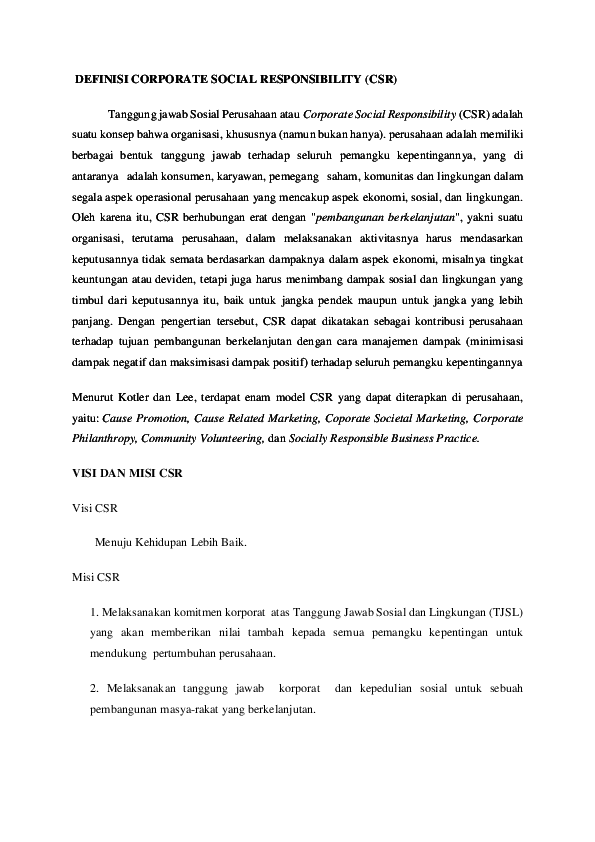 (DOC) DEFINISI CORPORATE SOCIAL RESPONSIBILITY (CSR