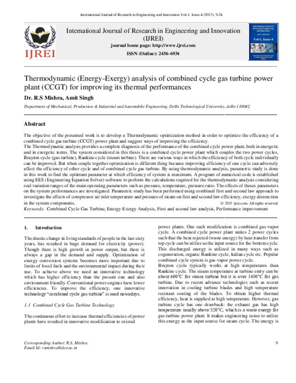 Thermodynamic Energy Exergy Analysis Of Combined Cycle Gas Turbine Power Plant Ccgt For