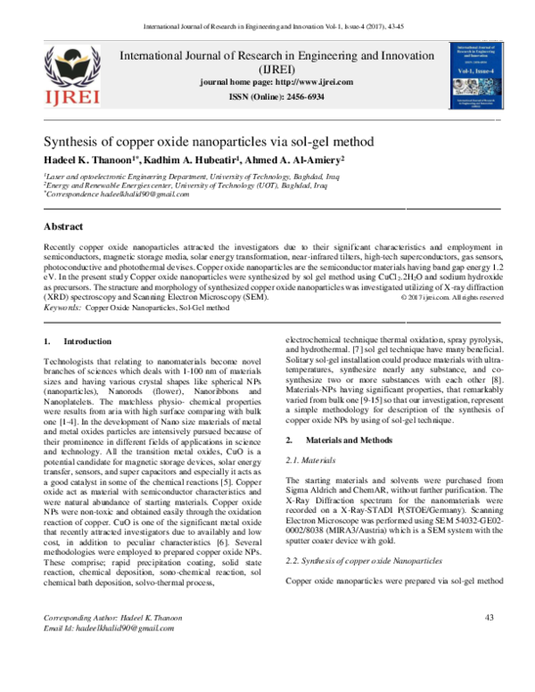 (PDF) Synthesis of copper oxide nanoparticles via sol-gel method
