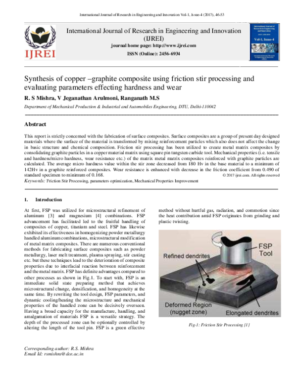 Pdf Synthesis Of Copper Graphite Composite Using Friction Stir Processing And Evaluating