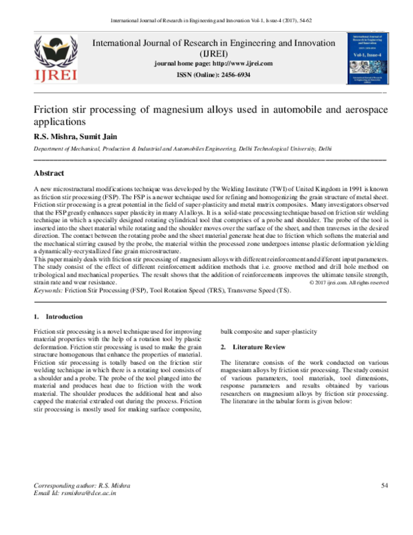 (PDF) Friction stir processing of magnesium alloys used in automobile and aerospace applications