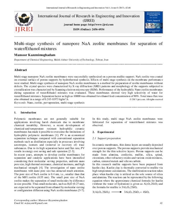 (PDF) Multi-stage synthesis of nanopore NaA zeolite membranes for ...