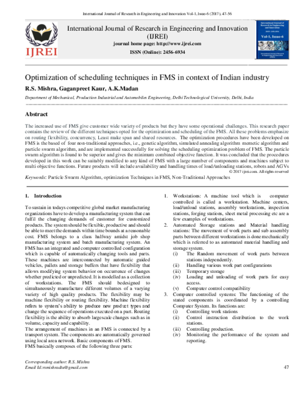 Pdf Optimization Of Scheduling Techniques In Fms In Context Of Indian