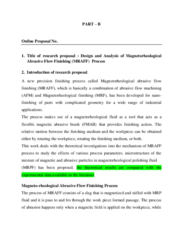 DOC PART B Title Of Research Proposal Design And Analysis Of Magnetorheological Abrasive DOC PART B Title Of Research Proposal Design And Analysis Of Magnetorheological Abrasive