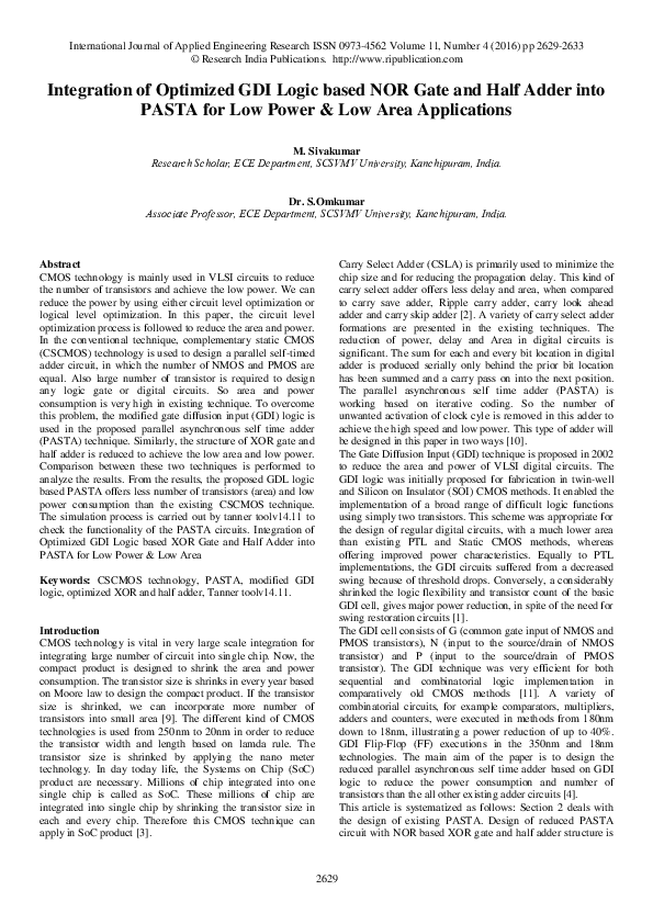 Pdf Integration Of Optimized Gdi Logic Based Nor Gate And Half Adder