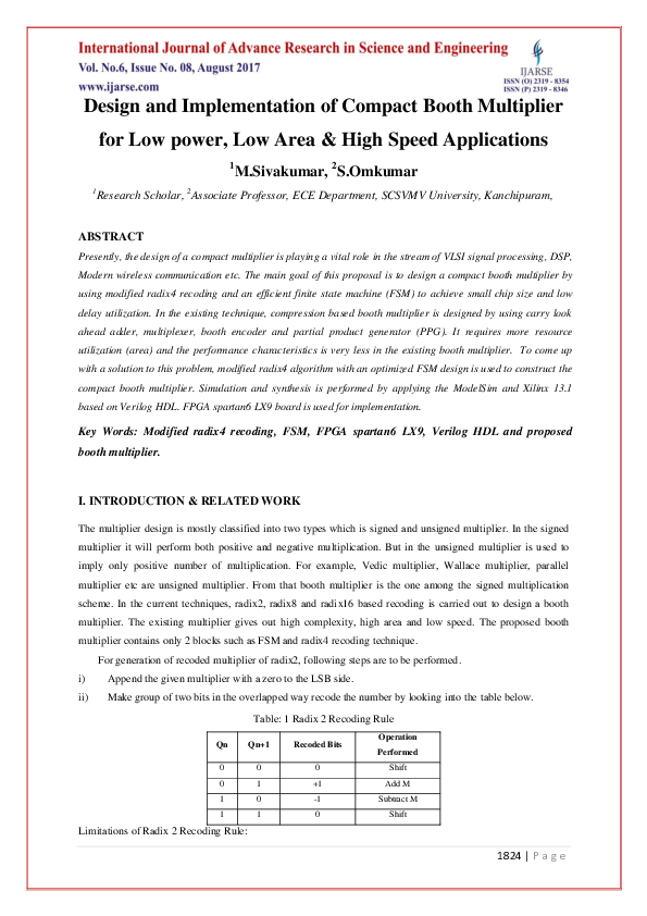 (PDF) Design and Implementation of Compact Booth Multiplier for Low power, Low Area & High Speed ...