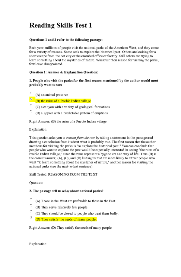 (PDF) Reading Skills Test 1