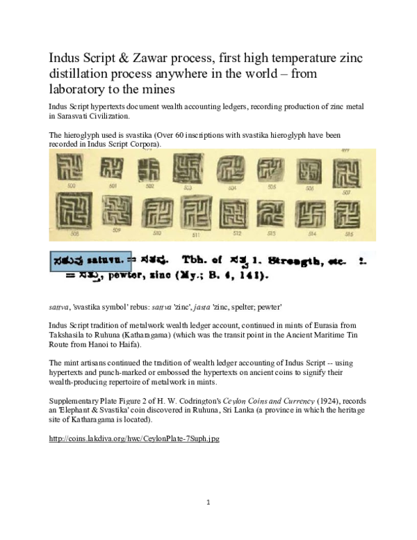 (PDF) Indus Script & Zawar process, first high temperature zinc ...