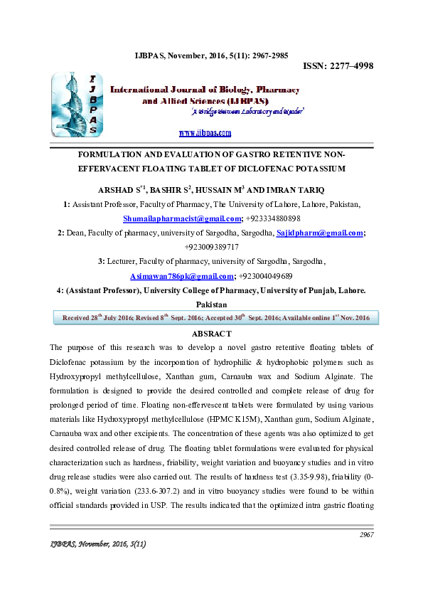 Pdf Formulation And Evaluation Of Gastro Retentive Non Effervacent Floating Tablet Of