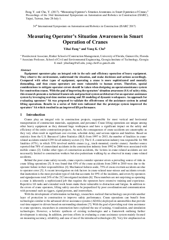 (PDF) Measuring Operator's Situation Awareness in Smart Operation of Cranes