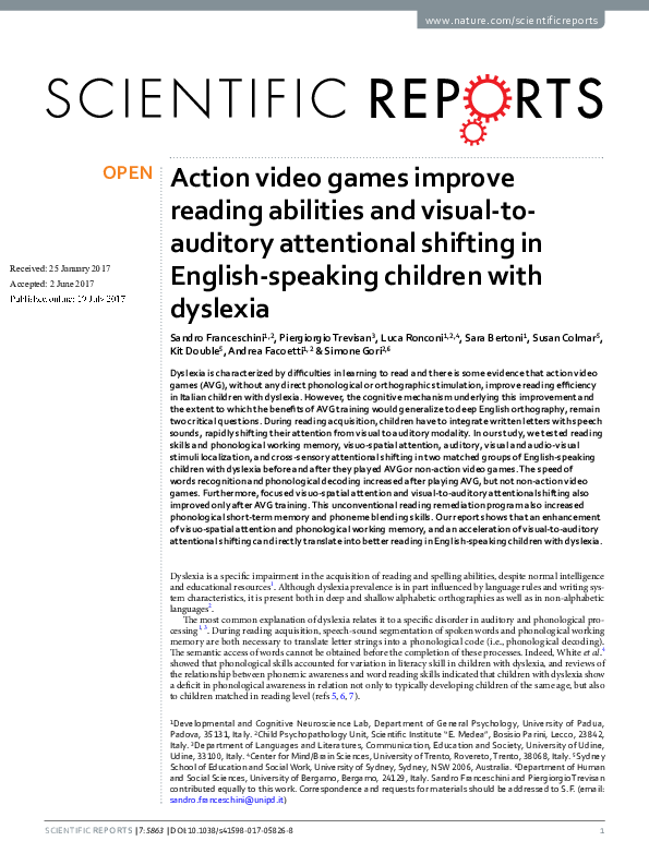 Pdf Action Video Games Improve Reading Abilities And Visual To Auditory Attentional Shifting