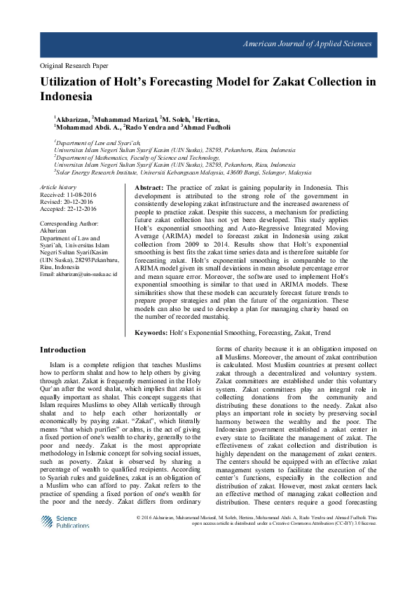 (PDF) Utilization of Holt's Forecasting Model for Zakat Collection in Indonesia