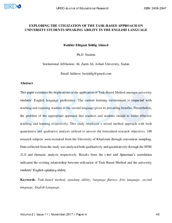 (PDF) EXPLORING THE UTILIZATION OF THE TASK-BASED APPROACH ON UNIVERSITY STUDENTS SPEAKING ...